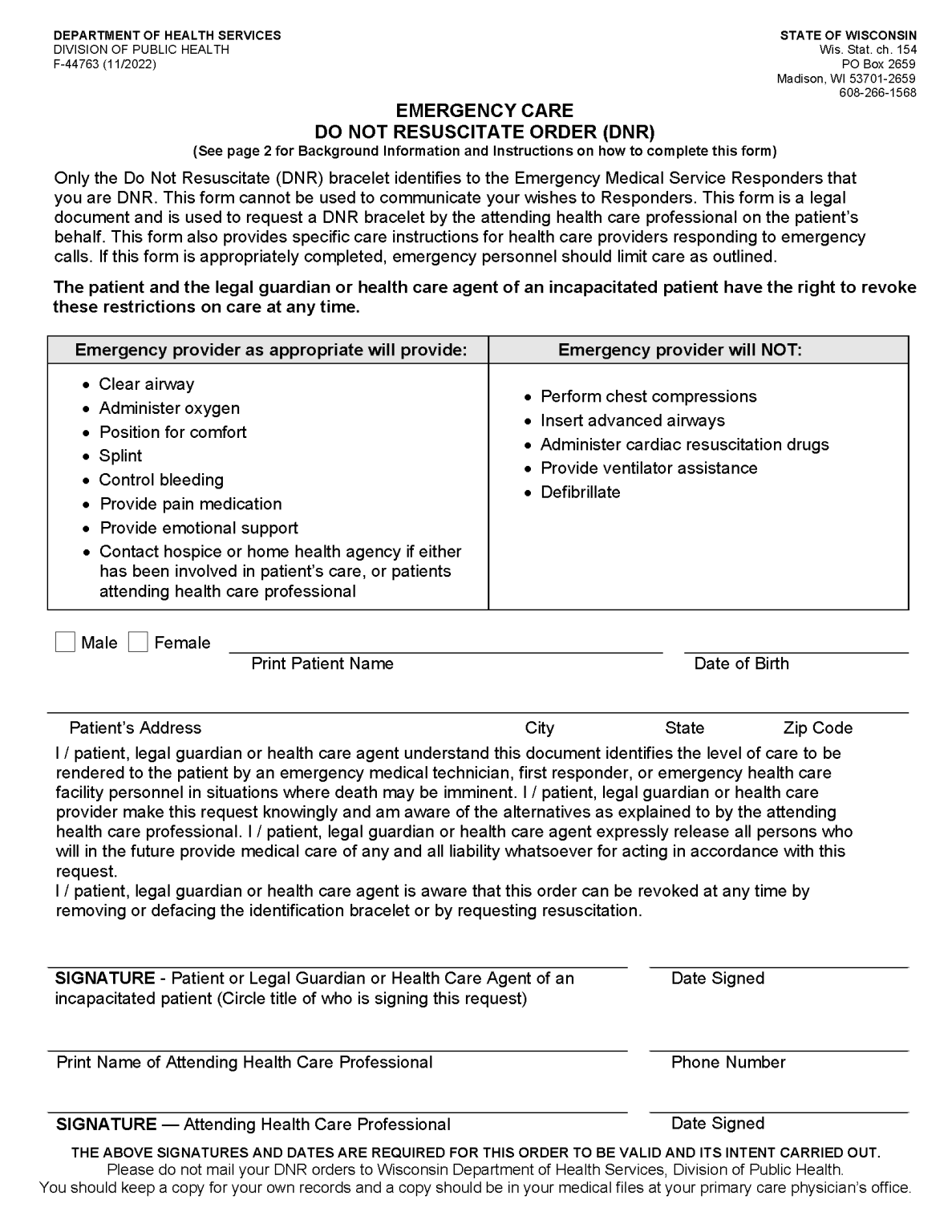 Free Wisconsin Do Not Resuscitate (DNR) Form | PDF