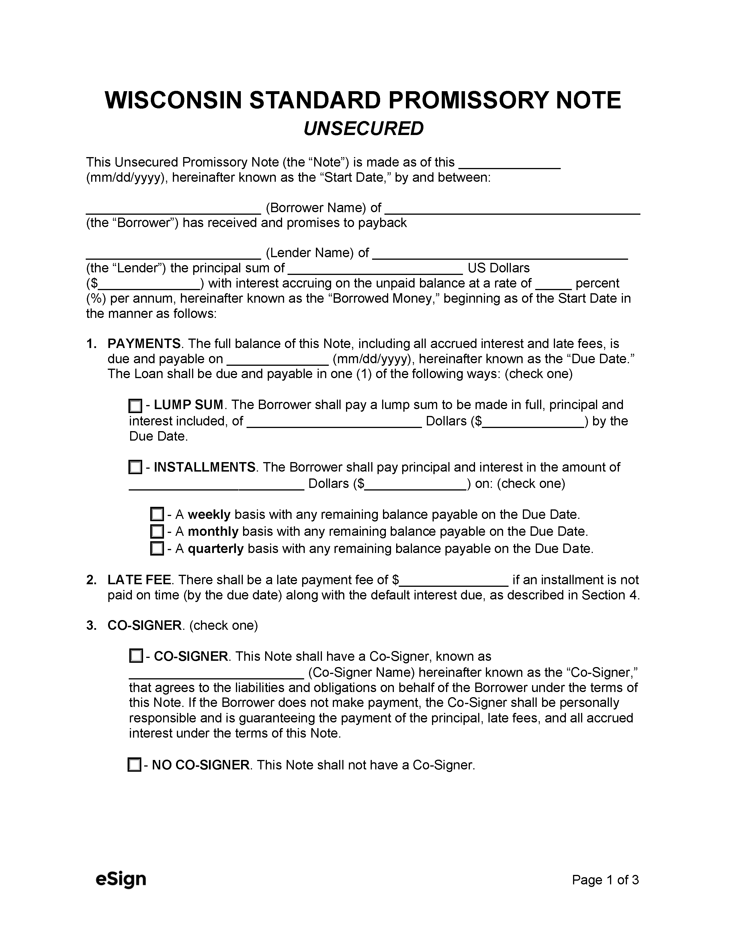 Free Wisconsin Unsecured Promissory Note Template PDF Word