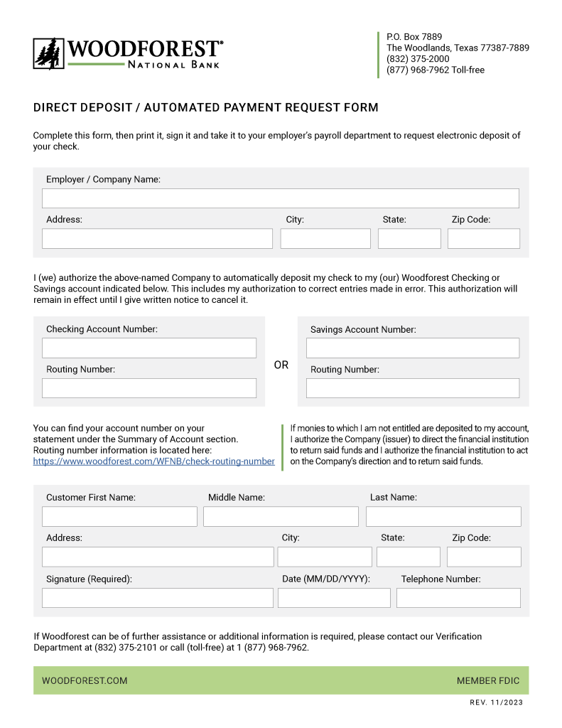 Free Woodforest National Bank Direct Deposit Form | PDF
