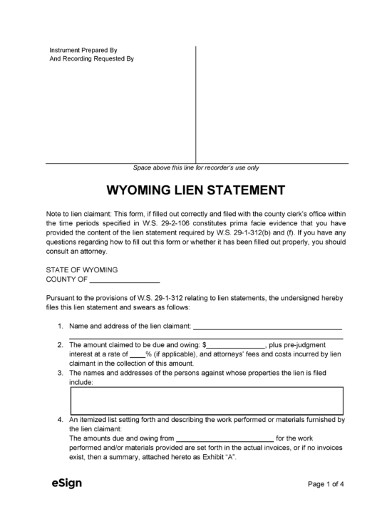 Free Wyoming Mechanic's Lien Form | PDF | Word