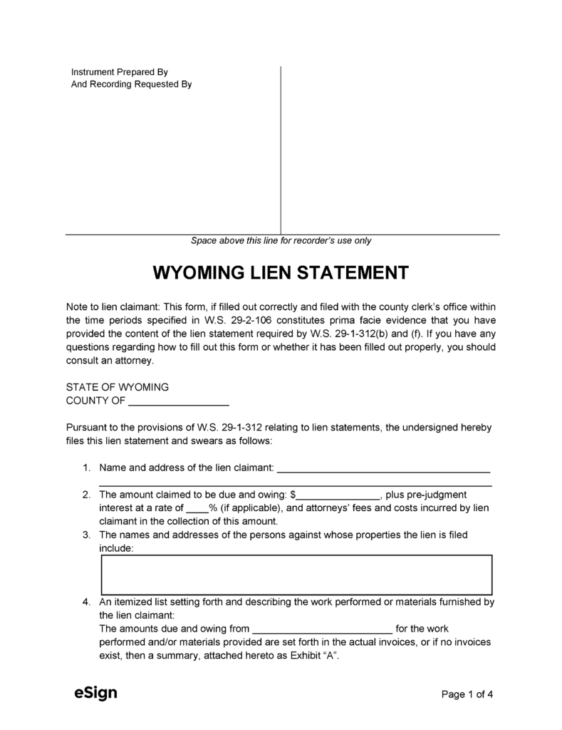 Free Wyoming Mechanic's Lien Form | PDF | Word